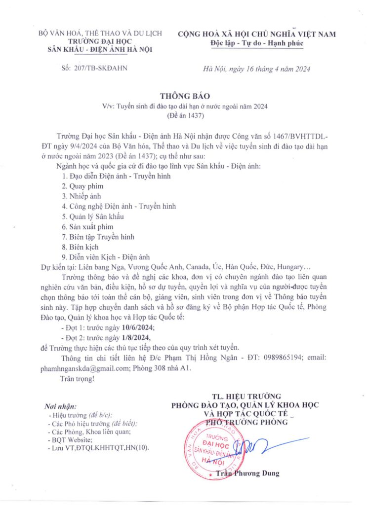 THÔNG BÁO V/v: Tuyển sinh đi đào tạo dài hạn ở nước ngoài năm 2024 (Đề ...